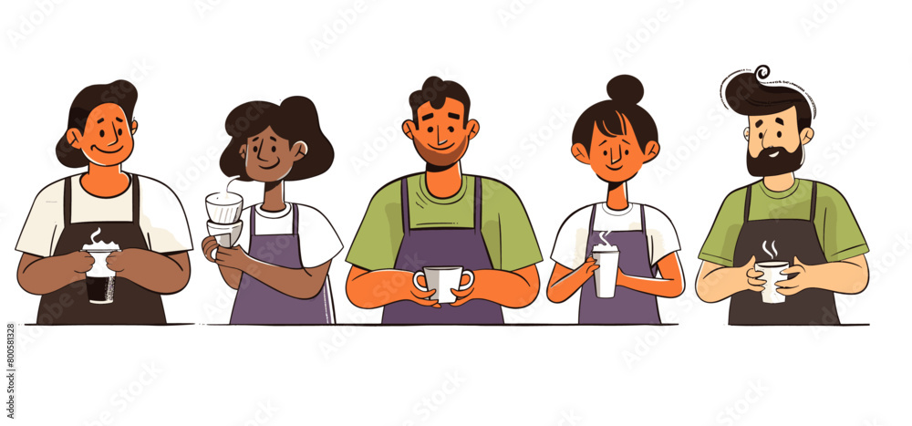 cartoon characters making coffee, cappuccino, pouring milk to coffee ...