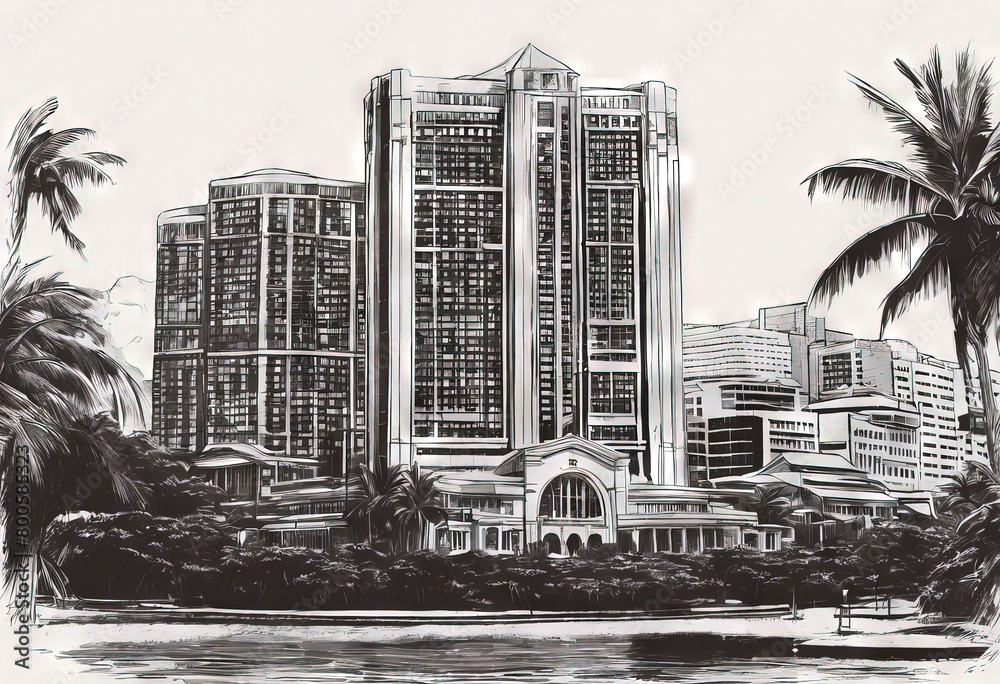 'drawn City architecture Honolulu famous Hawaii isolated Building icon ...