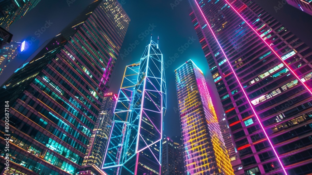 An architectural masterpiece of a skyscraper illuminated by vibrant LED ...