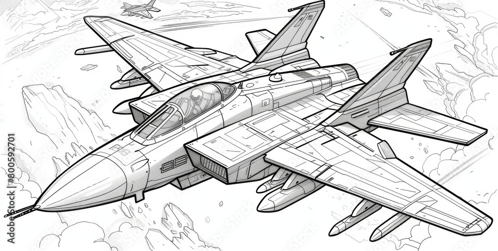 coloring page for kids, F19 jet fighter with full armory on a white ...
