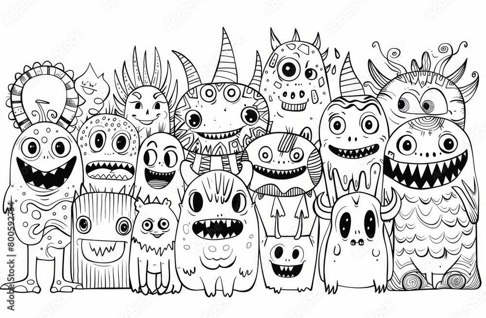 coloring page, simple doodle of cute monsters crowded together in the ...