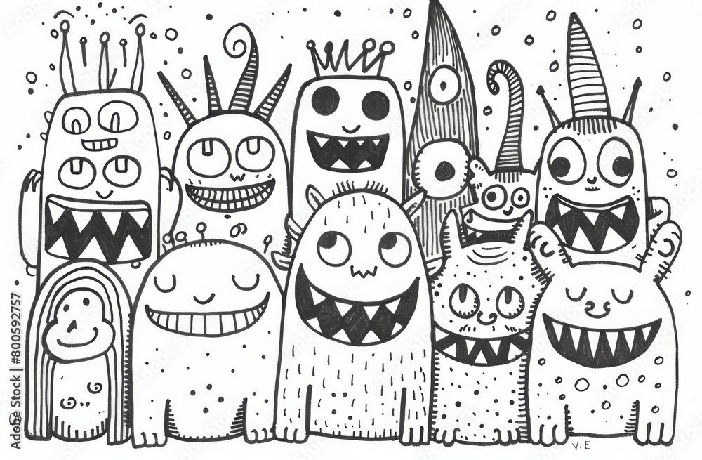coloring page, simple doodle of cute monsters crowded together in the ...