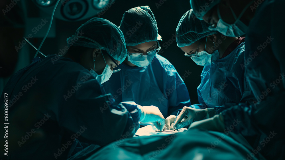 Medical staff performing a myringotomy procedure to insert ear tubes ...