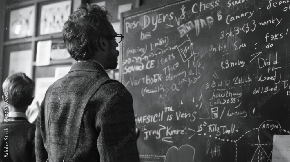 Frame the dedication of a teacher, standing before a chalkboard filled ...