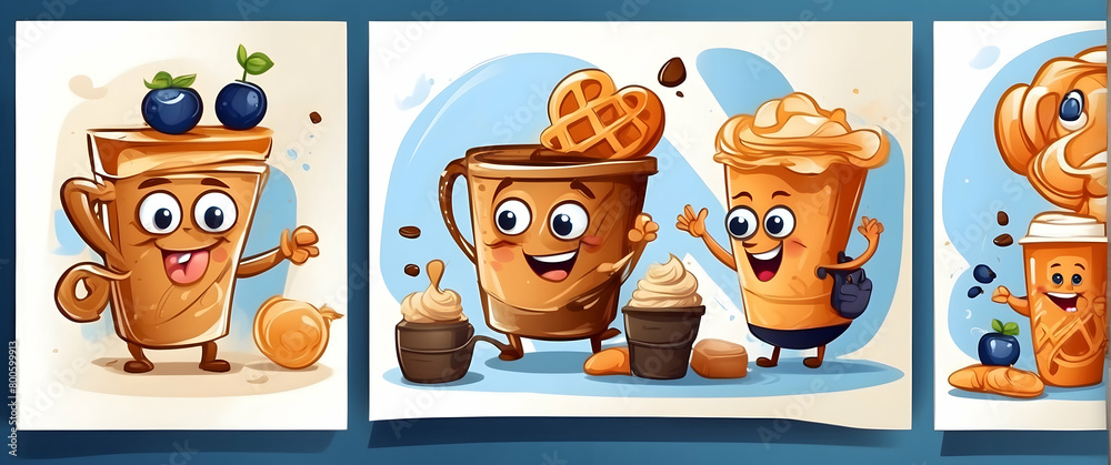 Sequence of brown cartoon coffee cups with toppings engaged in dynamic ...