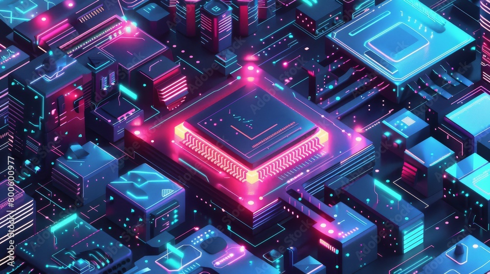 Quantum computer processing big data. Isometric CPU banner. Central Processing Unit concept ...