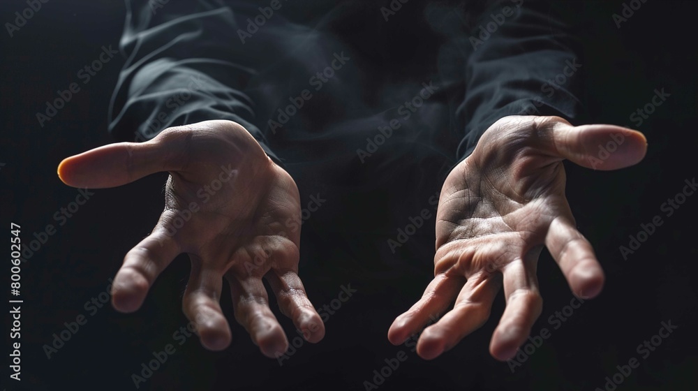 Two open hands are extended forward towards the viewer against a dark ...