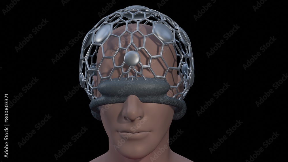 Man wearing sensory cap on head for electrical brain activity. Portable ...
