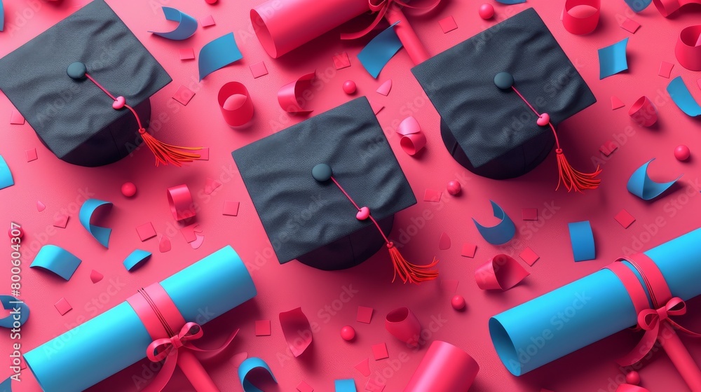 Greeting card with diplomas, hat, lettering on seamless graduation ...