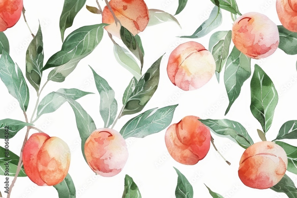 peach tree, leaves and peaches pattern, white background, pastel colors ...