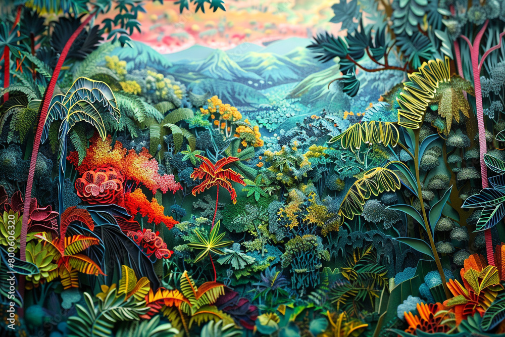 Amazon Rainforest canopy reimagined as a vibrant paper cut masterpiece ...