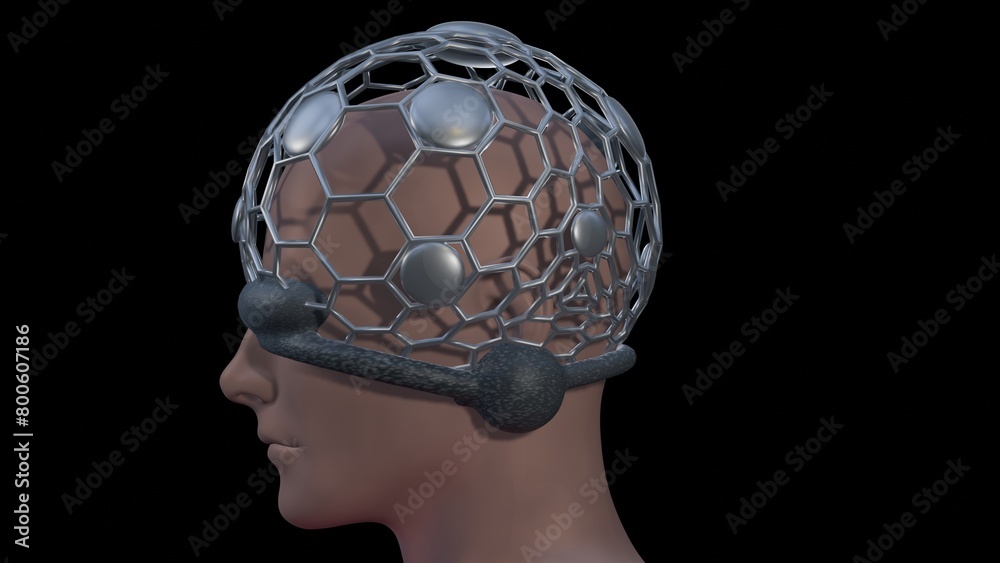 Man wearing sensory cap on head for electrical brain activity. Portable ...