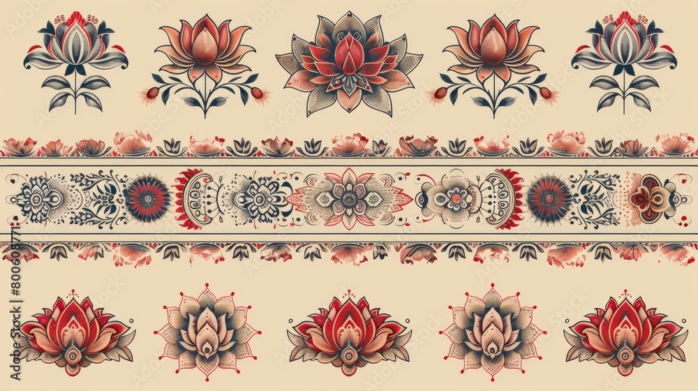 Seamless henna Indian border modern set. Ethnic border ribbon. Doodle ...