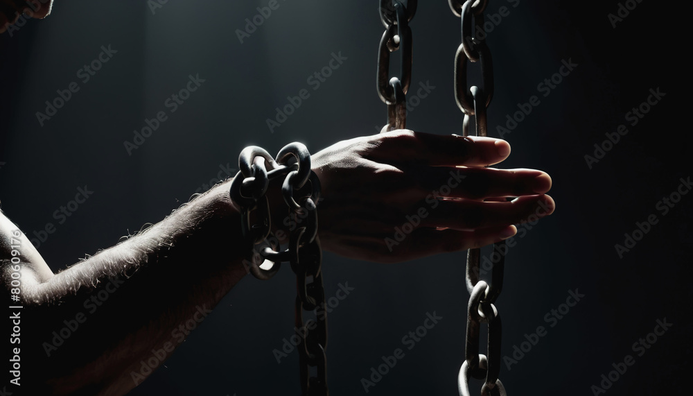 World Day against Human Trafficking. A man with chained hands. The ...