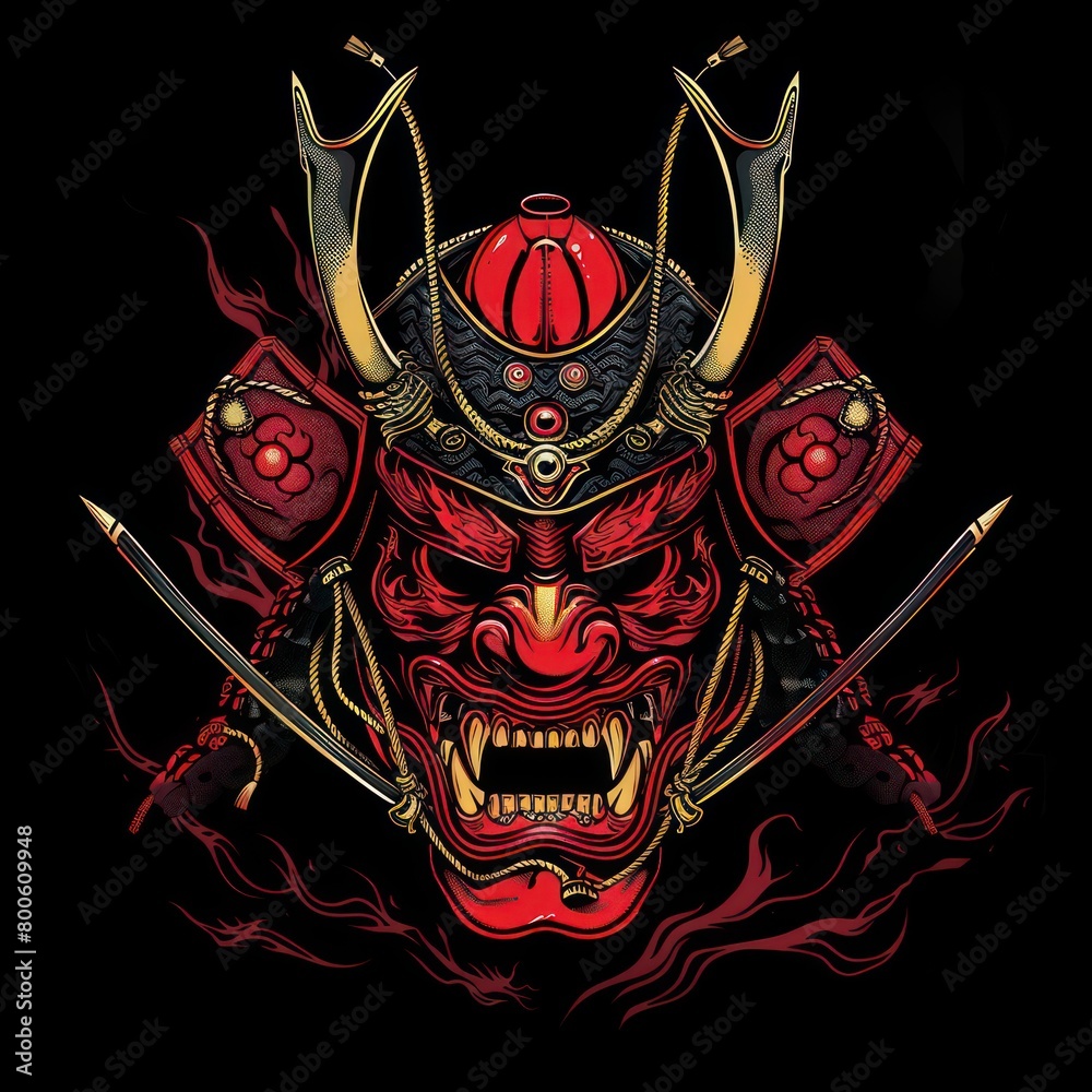 Intricate design of a fearsome samurai demon mask accompanied by ...