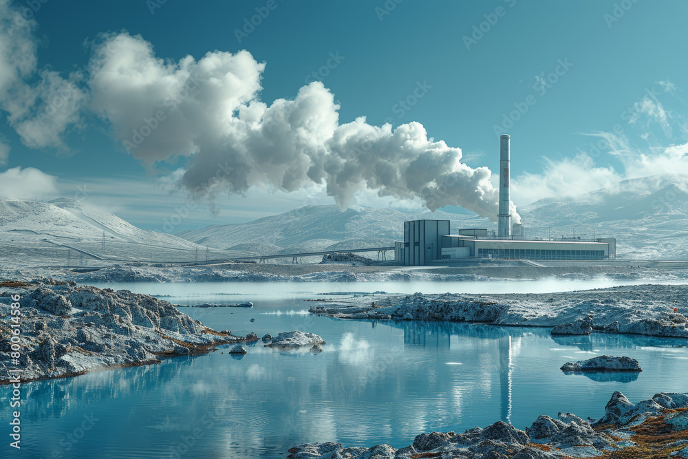 A geothermal power plant harnessing the Earth's heat to produce electricity. Concept of ...