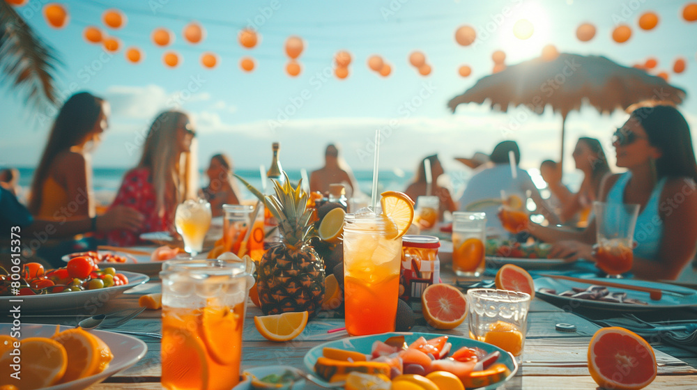 Tropical beach party with refreshing cocktails. Friends gather around a ...