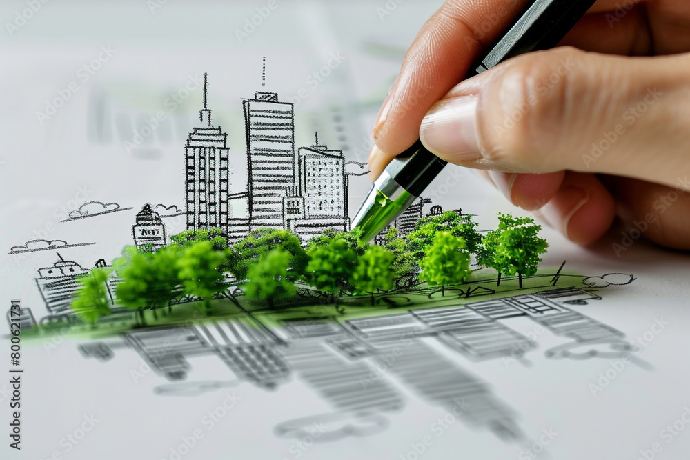 Macro shot of a hand drawing a carbon footprint reduction plan for a ...
