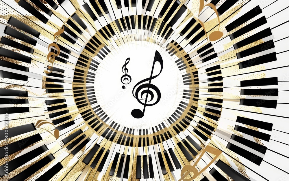 musical notes and piano keys forming circular pattern white background ...