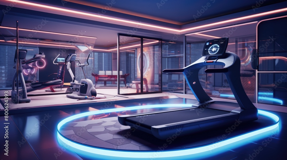 A picture futuristic home gym with integrated AI personal trainers ...