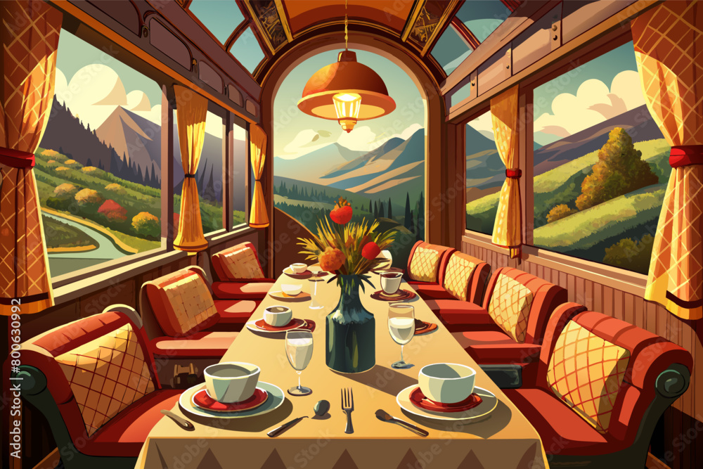 Vintage train car dinner with polished wood, fine china, and a journey ...