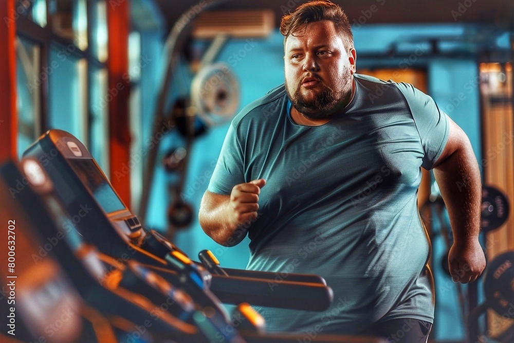 Fat man running on a treadmill in a gym. The concept of healthy ...