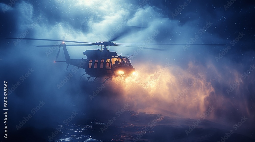 A helicopter flying through the night sky with a fire on board, AI ...