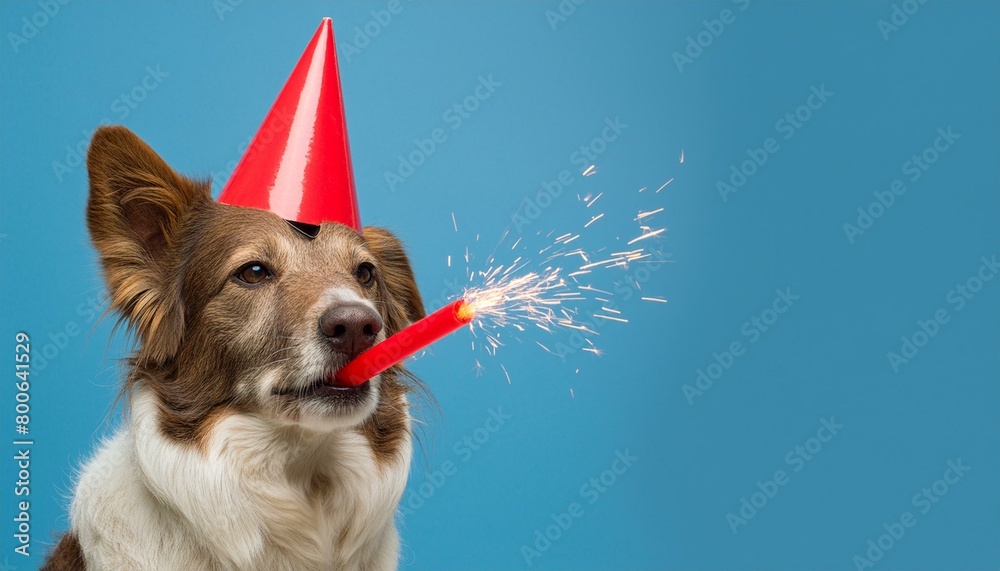 Funny dog celebrating a birthday with red party hat holding a sparkler ...