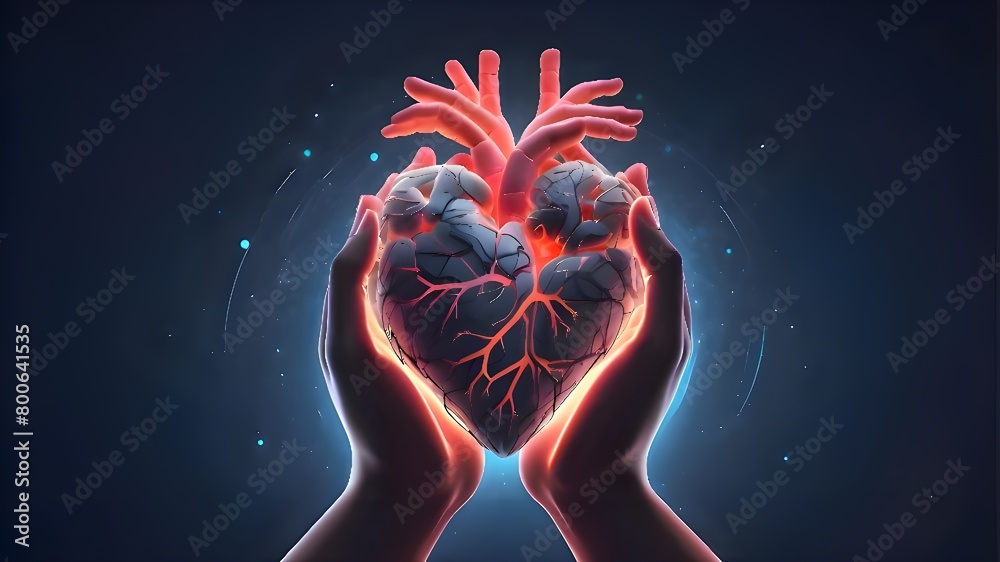 Illustration of generative AI showing a glowing human heart in hands ...
