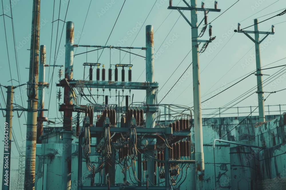 An image of an electrical substation with various wires and equipment ...