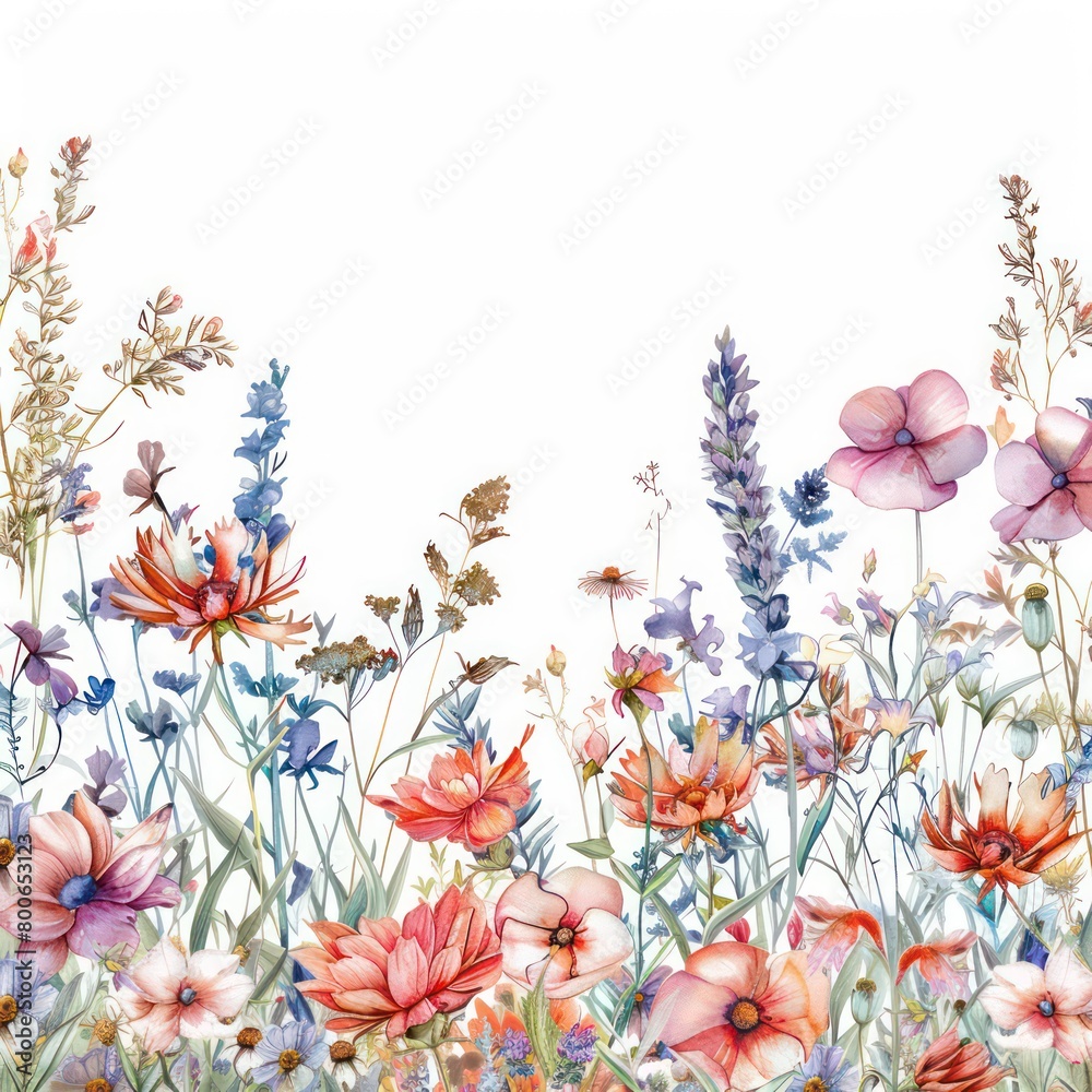 floral border, delicate watercolor flowers, spring colors, wildflowers ...