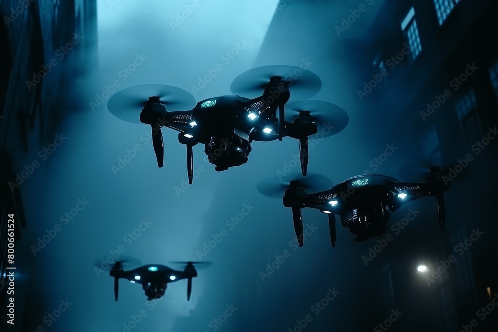 A small fleet of autonomous drones flies through an urban environment ...