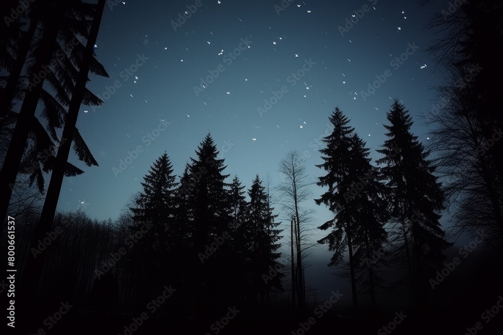 Enchanted night sky with sparkling stars peeking through dense pine ...