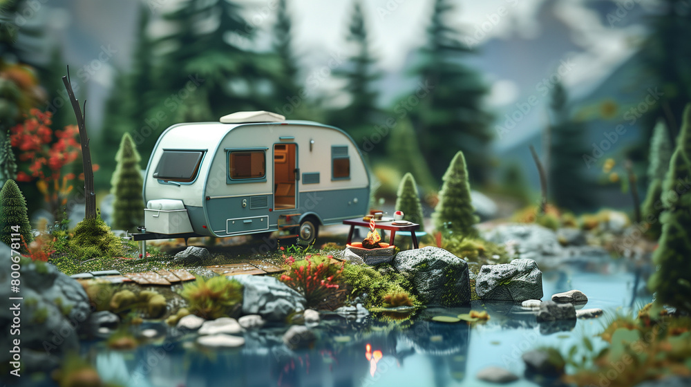 Tiny, detailed model of an old style camper trailer parked beside a ...