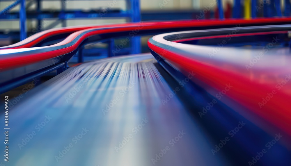 conveyor blue and red line in a warehouse, natural light, colourful ...