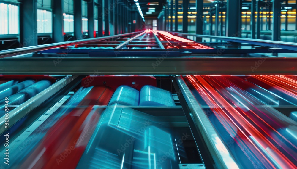 conveyor blue and red line in a warehouse, natural light, colourful ...