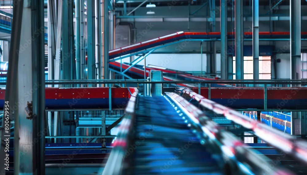 conveyor blue and red line in a warehouse, natural light, colourful ...