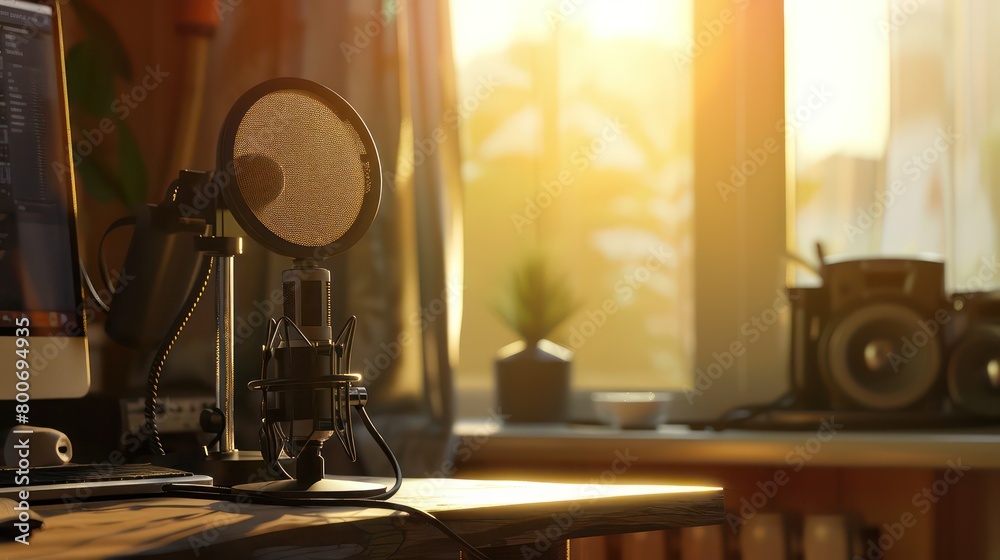 podcast microphone set up in a home, sunny lighting Stock Photo | Adobe ...
