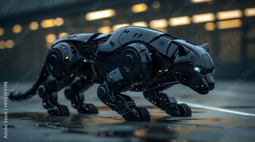 magnetic mecha black panter, blue eyes, magnetical effect, side view ...