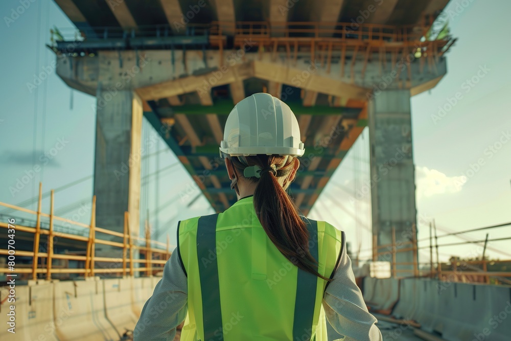 Civil engineer woman supervising bridge construction. Construction ...