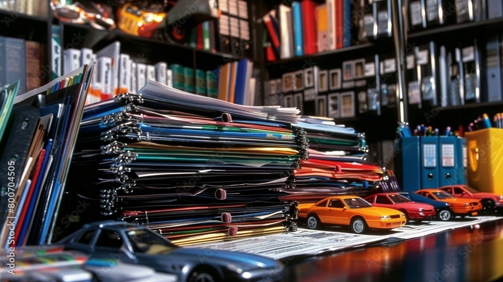 A desk in the office featuring a stack of accounting documents and cute ...