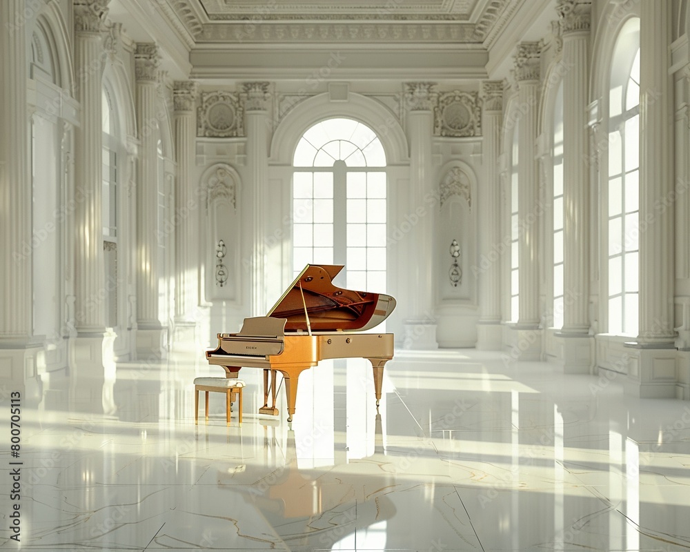 An exquisite grand piano set in a large white hall, perfect for a ...