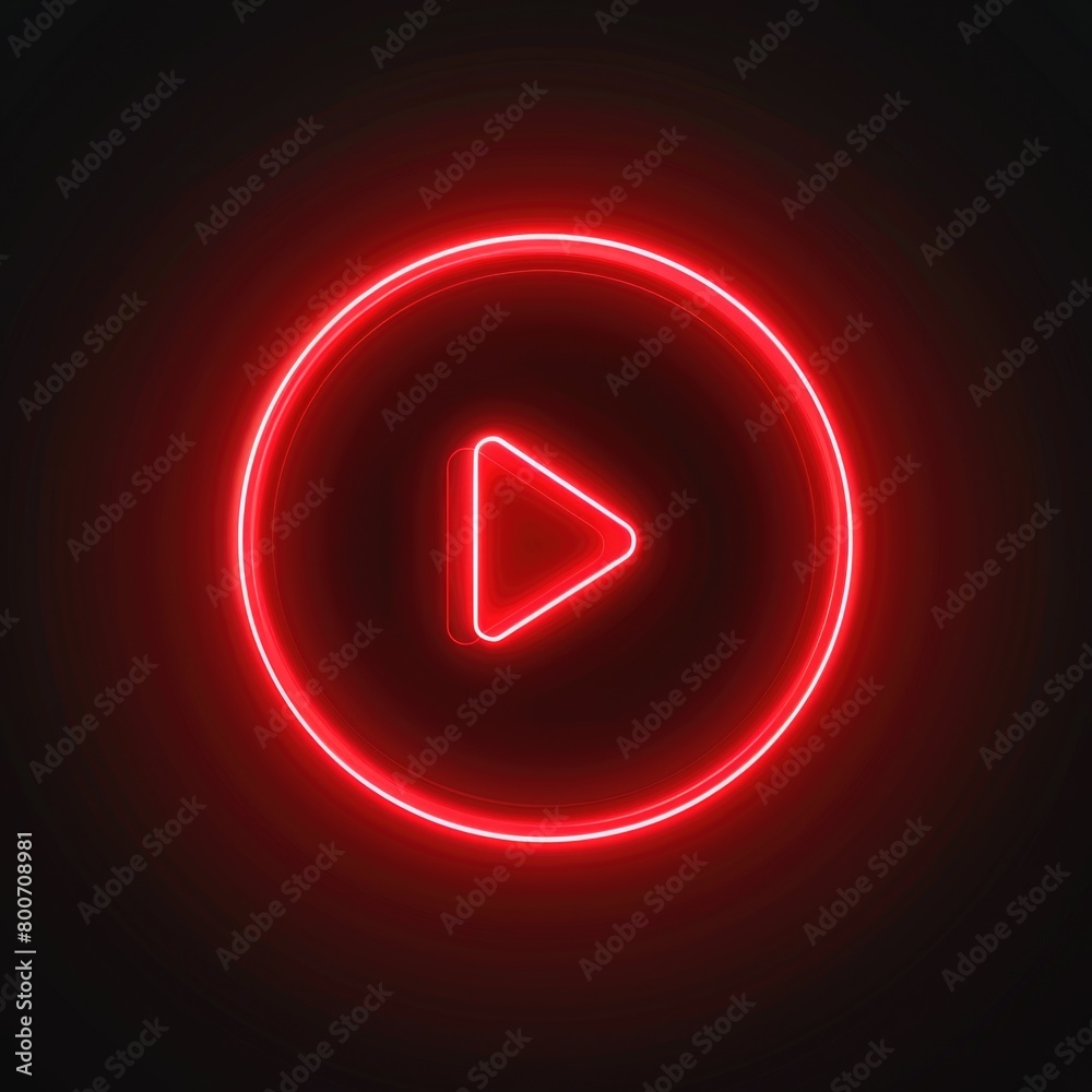 Round red neon play button logo on a black background. 3D style. AI ...
