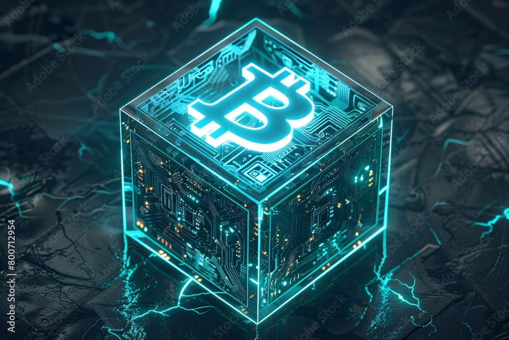 the bitcoin logo glows inside an open square box with circuit board ...
