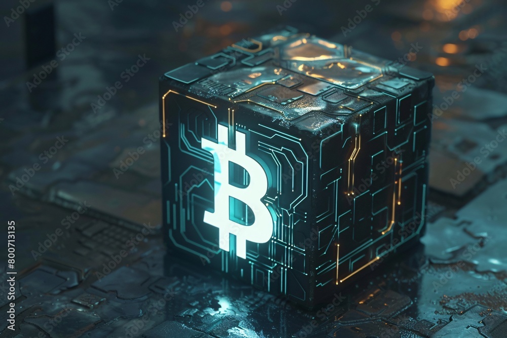 the bitcoin logo glows inside an open square box with circuit board ...
