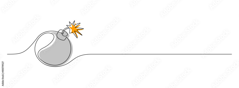 Bomb with burning fuse in one Continuous line drawing. Stress explosion ...