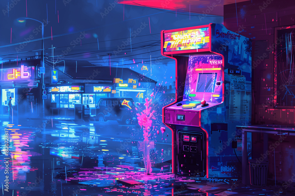 Nostalgic scene of pixel art character leaps into reality from vintage ...