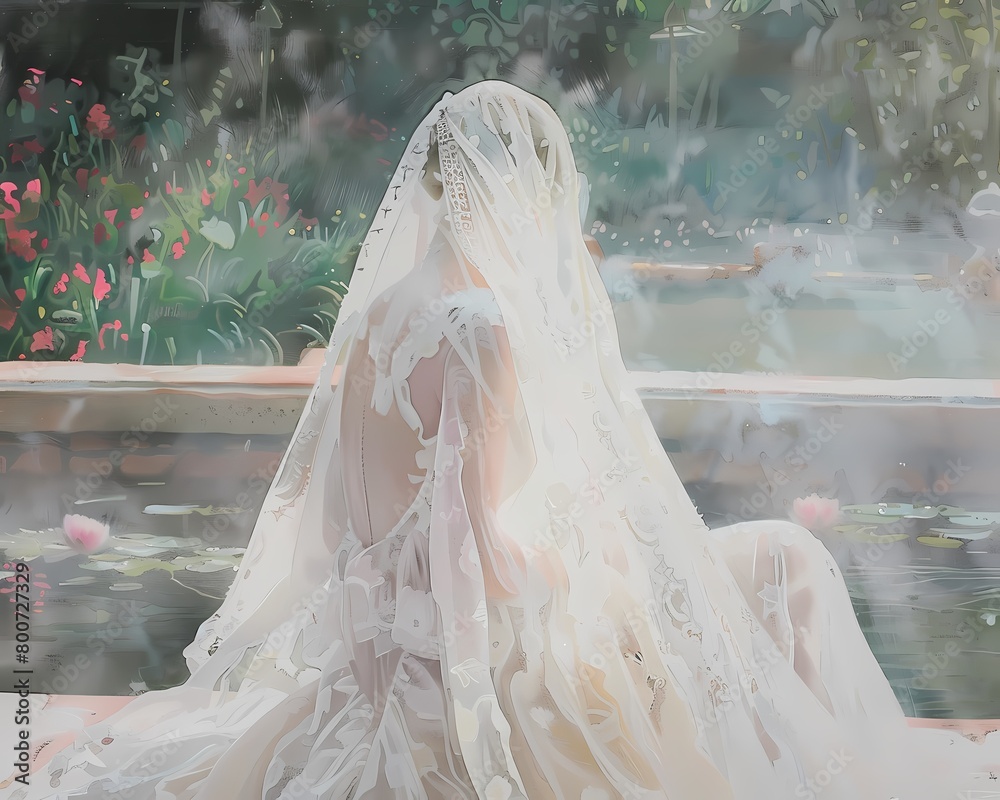 Abstract Oil painting features a woman lady bride wearing wedding dress ...