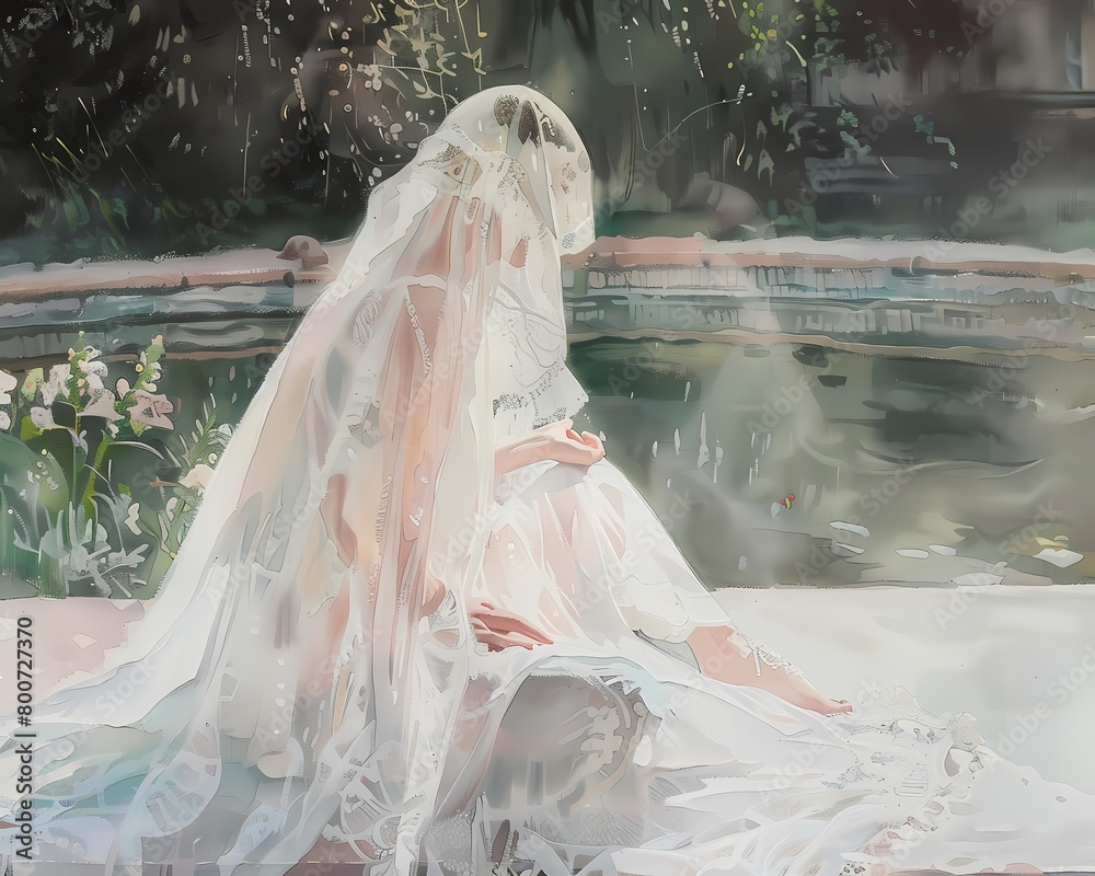 Abstract Oil painting features a woman lady bride wearing wedding dress ...