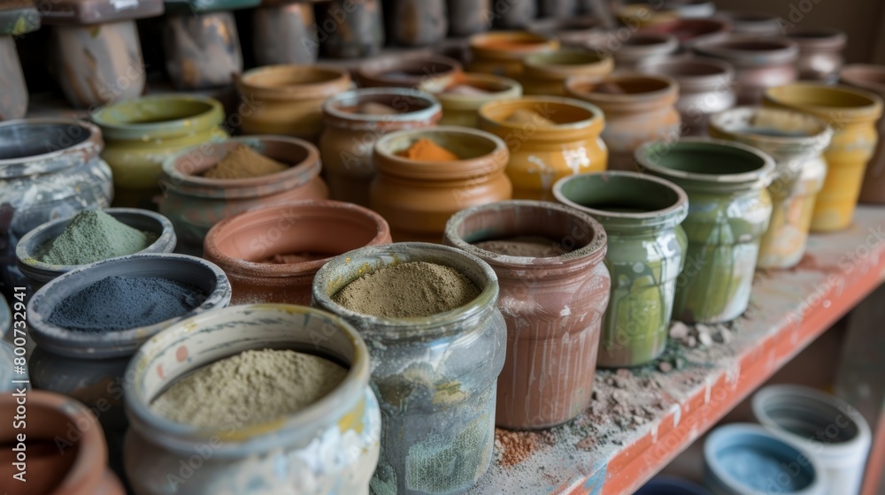 An artists workspace filled with jars of different colored clay all ...